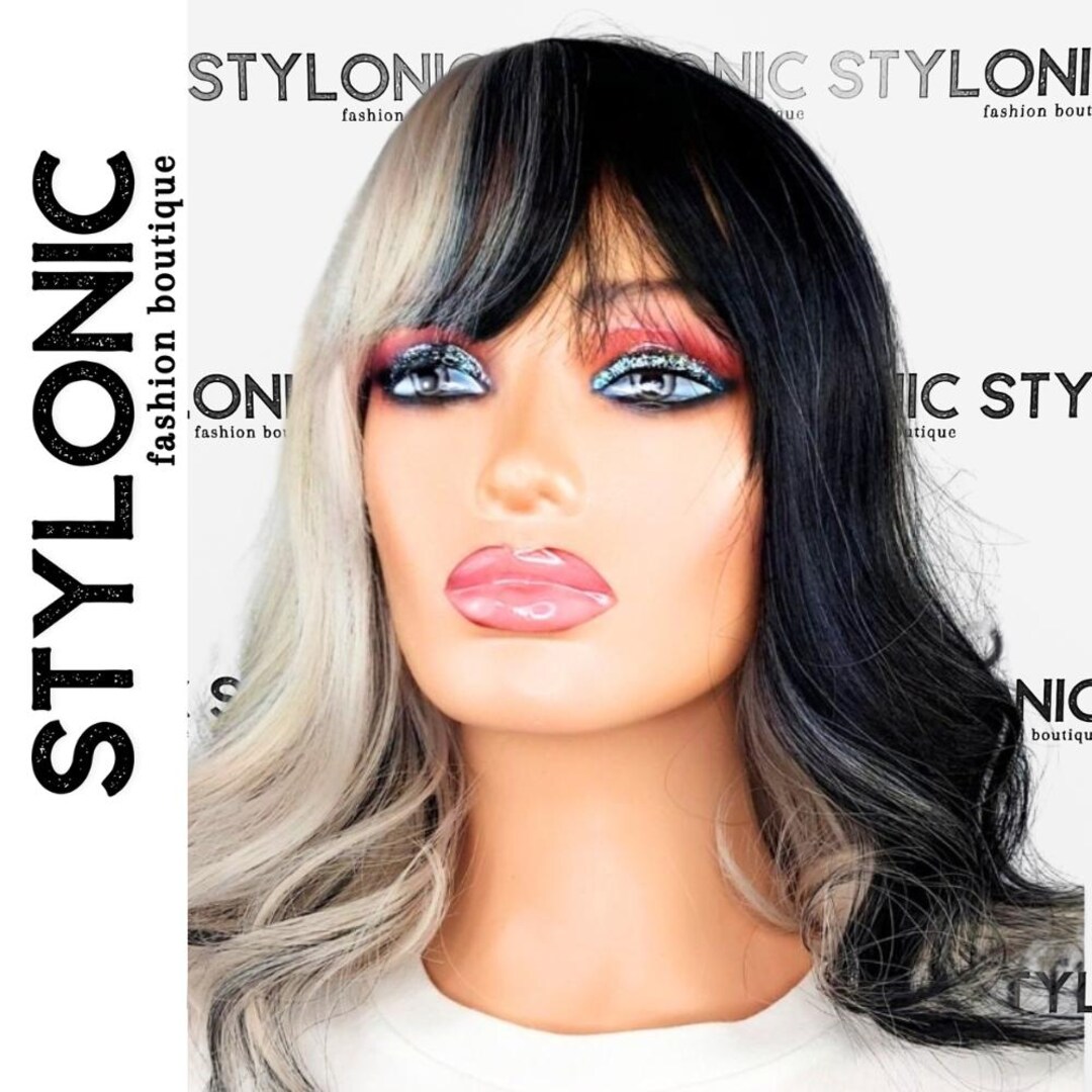 Black and Gray Wig Split Color, Wispy Bangs, Spooky Sexy Witch ...