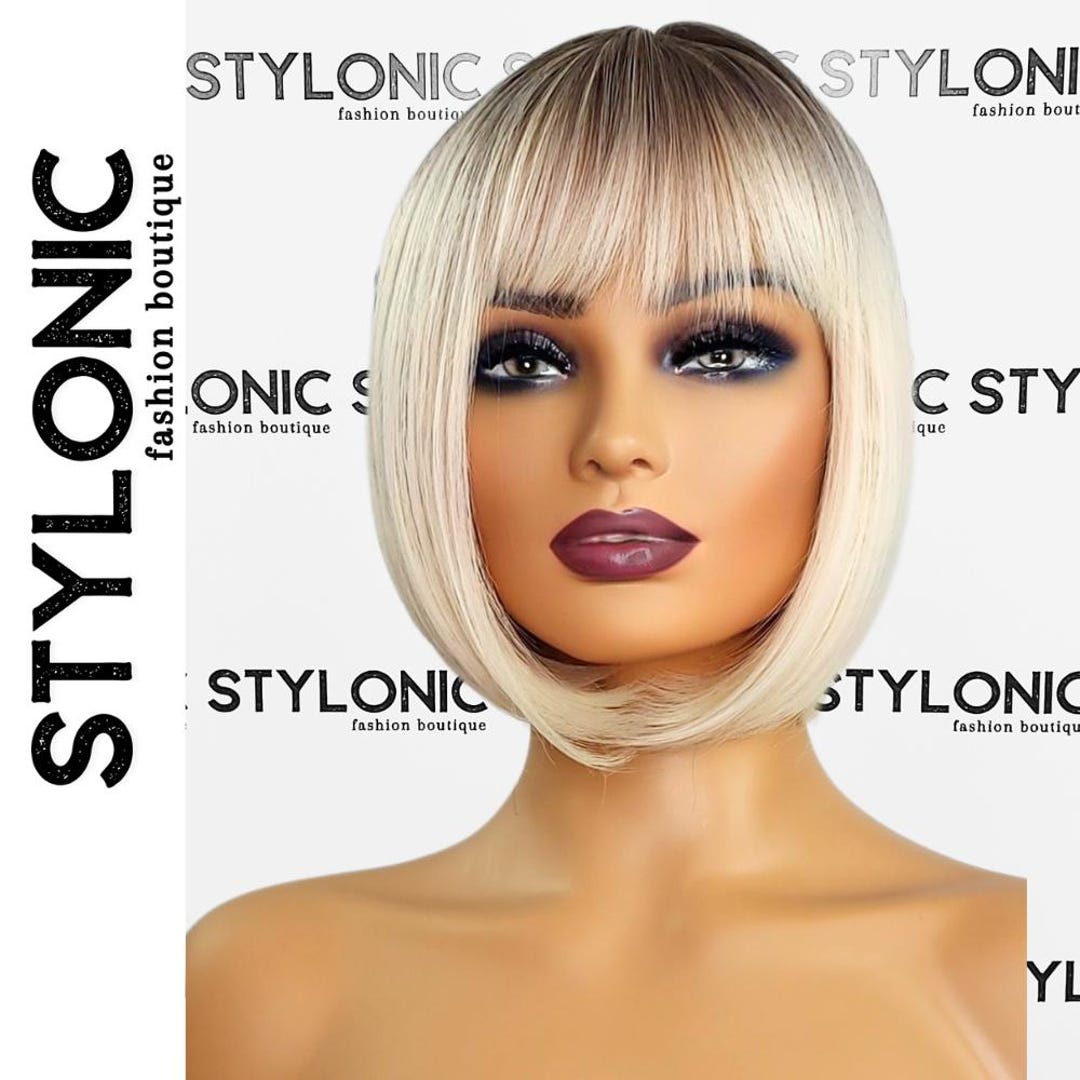 Short Blonde Bob Wig With Bangs - Gift for Her, Platinum Rooted ...