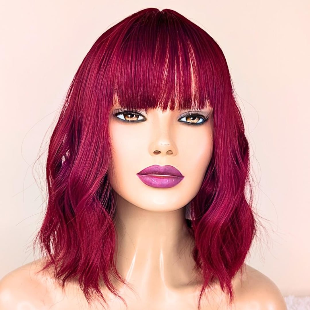 Wine Red Bob Wig With Bangs: 14" Short Wavy Heat-resistant Synthetic ...