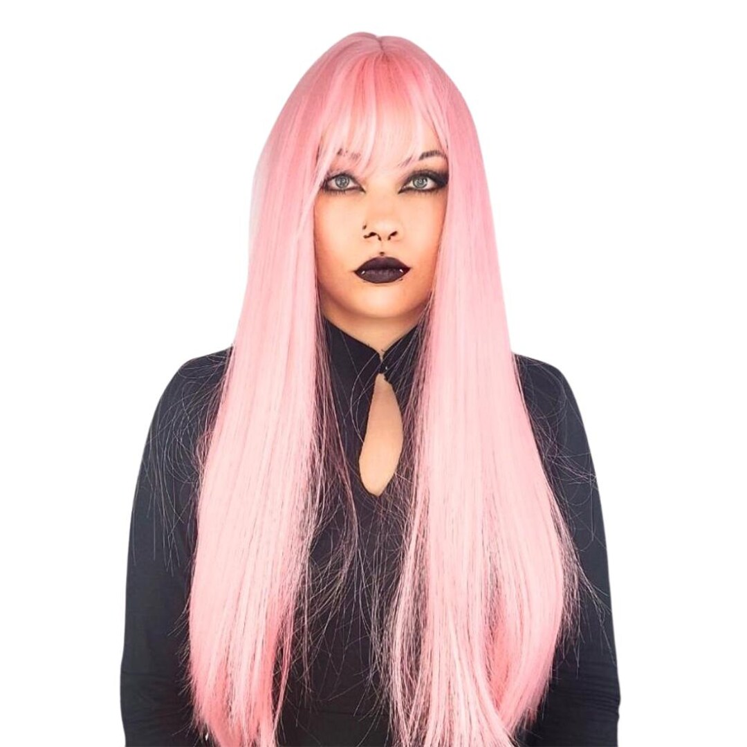 Long Pink Wig With Bangs – 26” Straight Heat Resistant Synthetic ...