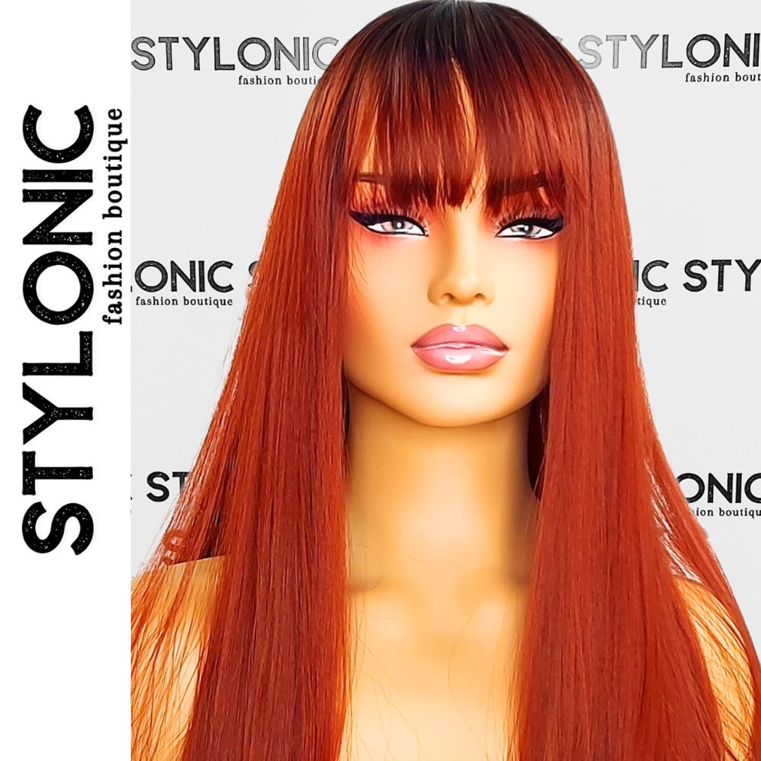 Auburn Red Wig Ombre Roots, Wispy Bangs, Natural Hair Texture Synthetic ...