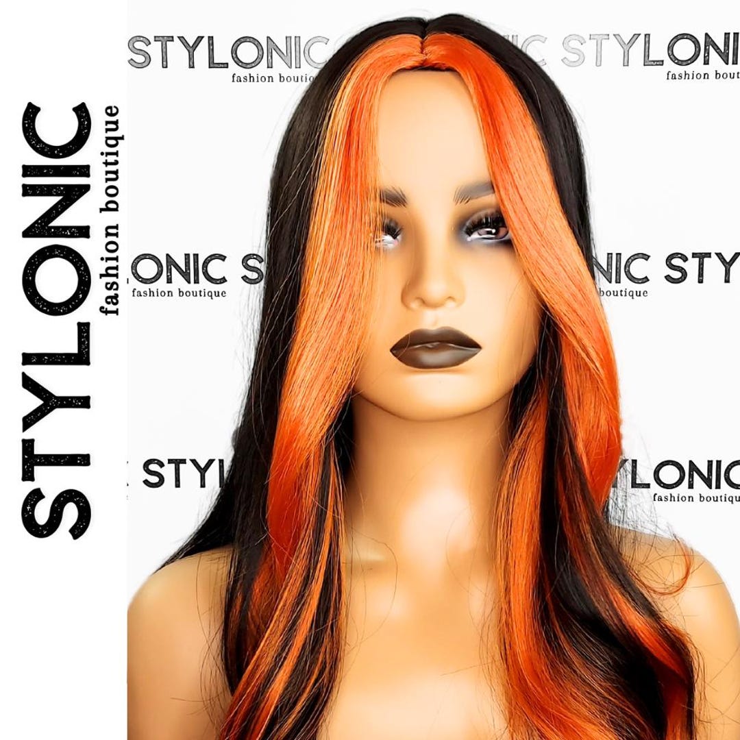 Black and Orange Wig Money Piece, Middle Parting, Synthetic Halloween ...