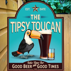 The Tipsy Toucan / Personalised Premium Metal Traditional Home Bar Sign ...