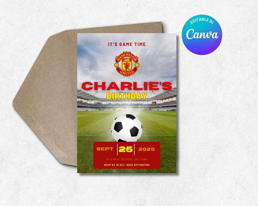 Manchester United Birthday Invitation Editable Football Party Invite ...