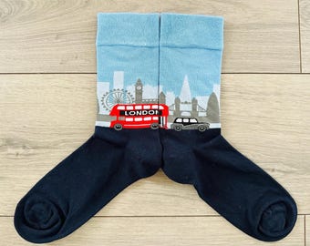 London Icons Big Ben Red Bus Union Jack Socks, Seamless Novelty Fun ...