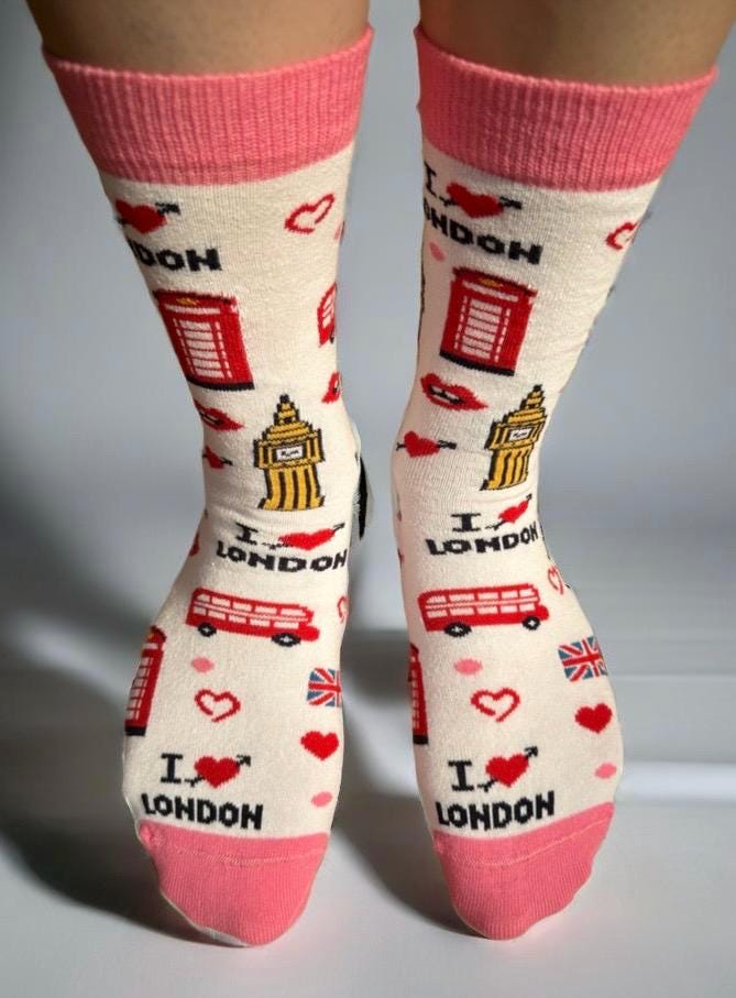 London Icons Big Ben Red Bus Union Jack Socks, Seamless Novelty Fun ...