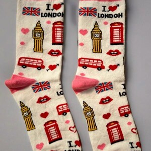 London Icons Big Ben Red Bus Union Jack Socks, Seamless Novelty Fun ...