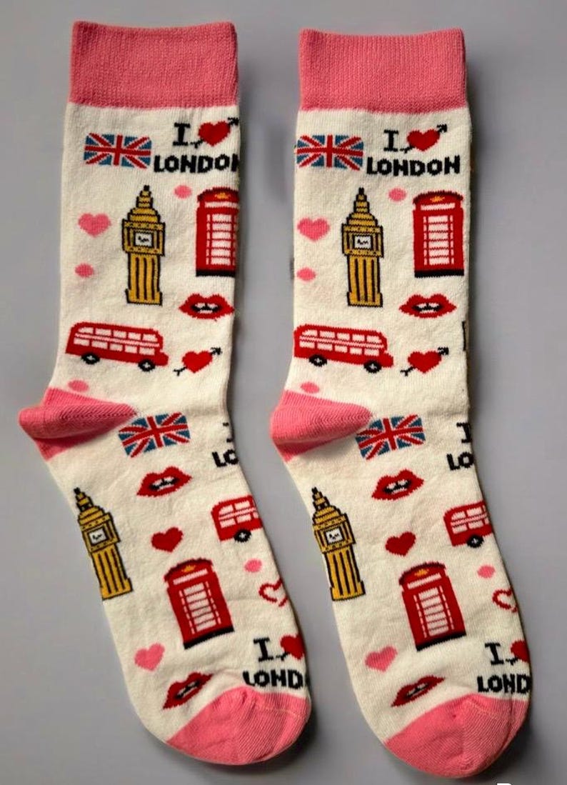 London Icons Big Ben Red Bus Union Jack Socks, Seamless Novelty Fun ...