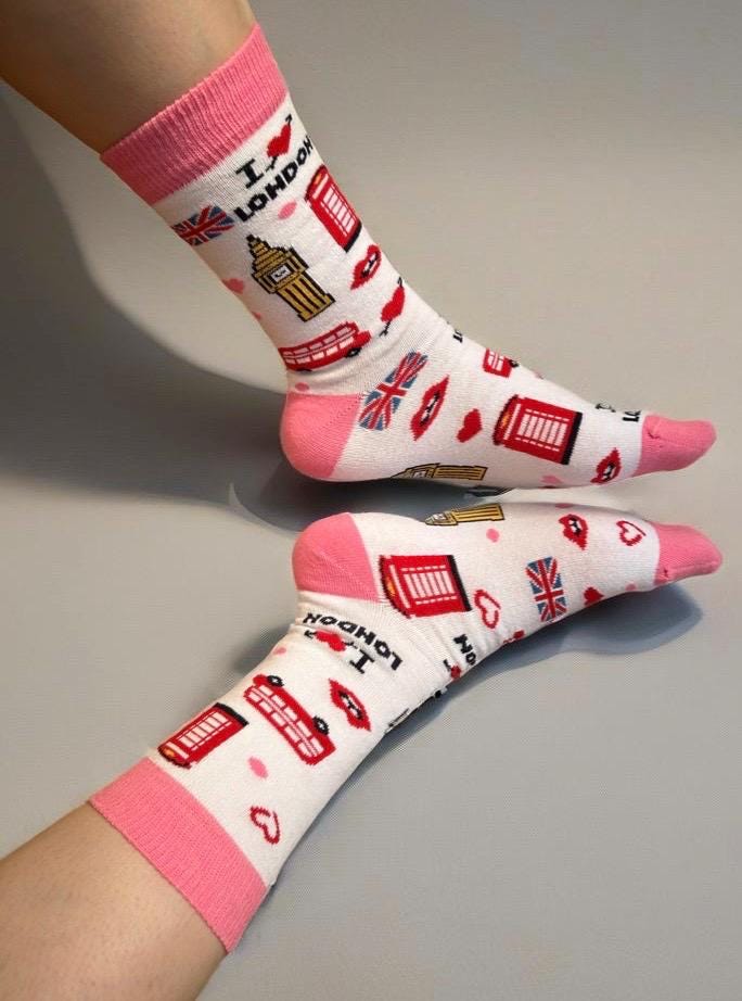 London Icons Big Ben Red Bus Union Jack Socks, Seamless Novelty Fun ...