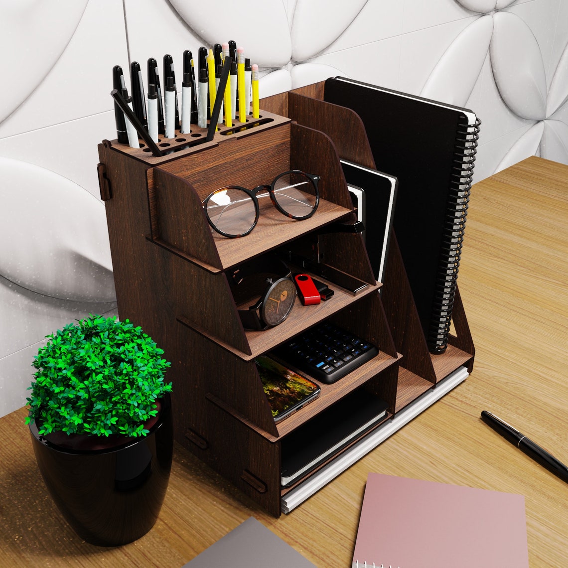Wood Desktop Organizer A4 Tray With Wooden Display Rack Etsy