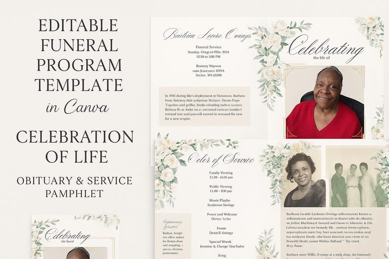 Editable Funeral Program Template – Elegant Floral Memorial Pamphlet ...