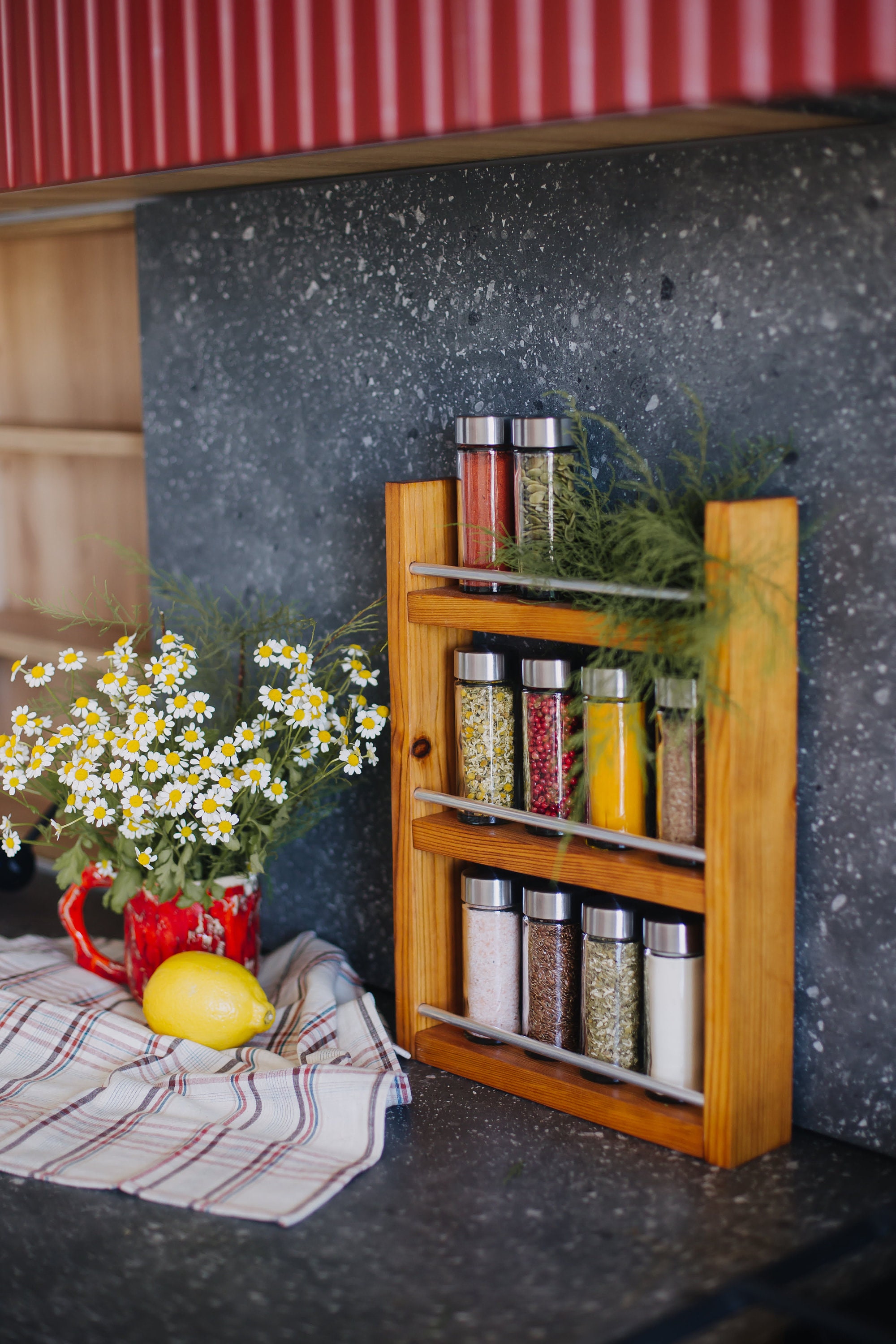 Recycled Pine Wood Spice Rack Wall Mounted, Kitchen Essential Oil ...