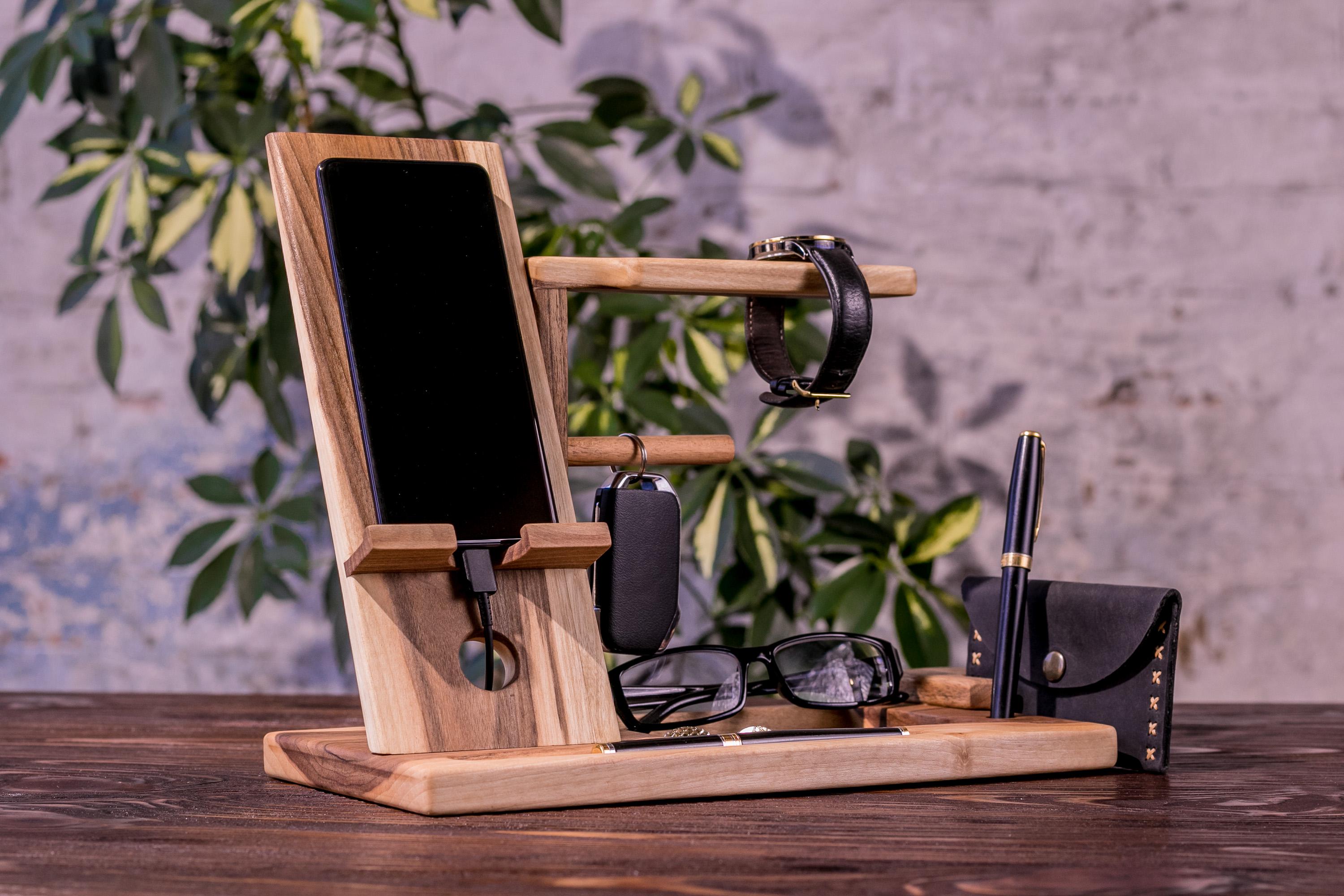 Walnut Wood Charging Station With Desk Organizer, Custom Dock Stand ...