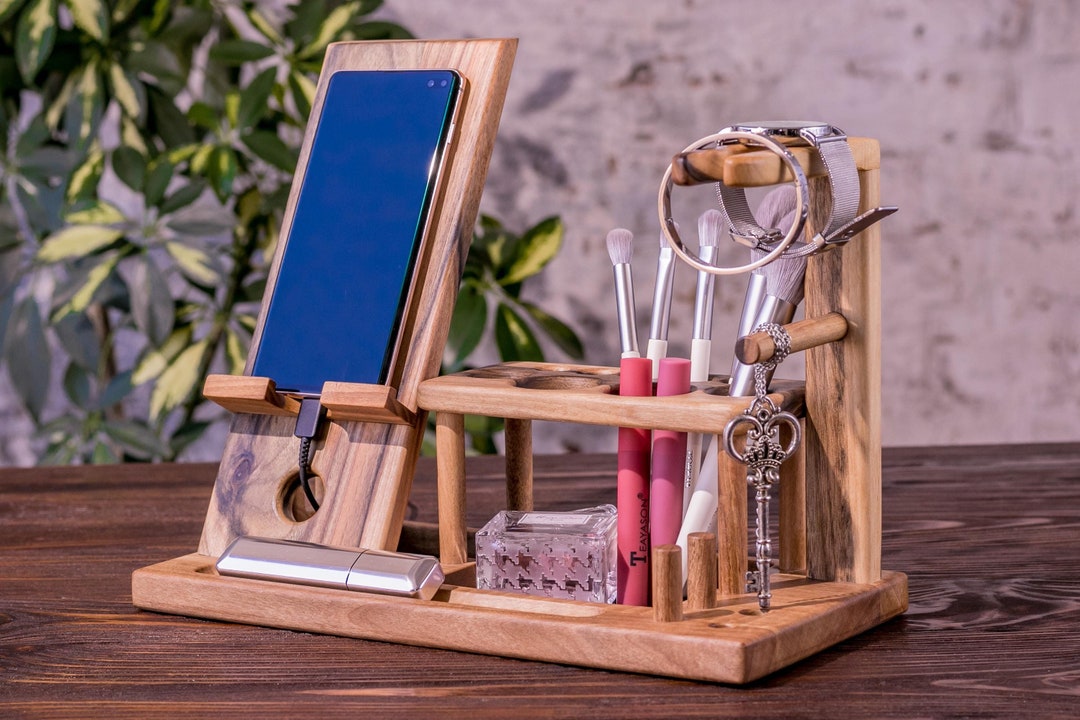 Walnut Custom Charging Station With Desk Organizer, Wood Dock Stand ...