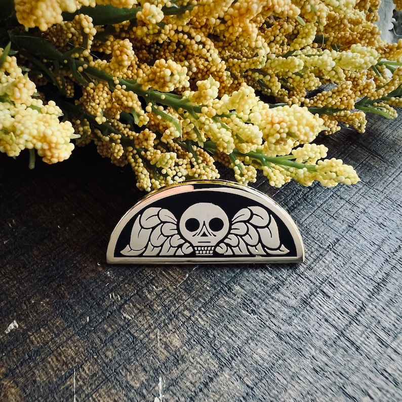 Death's Head Gold Enamel Pin (winged Skull, Gravestone, Cemetery Set ...