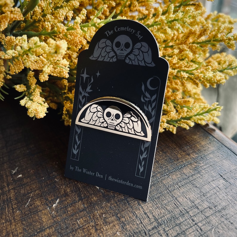 Death's Head Gold Enamel Pin (winged Skull, Gravestone, Cemetery Set ...