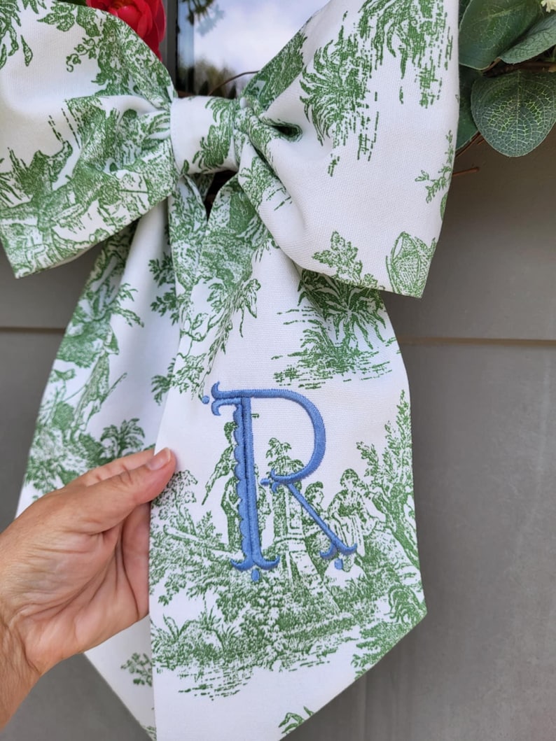 Pink Toile Wreath Bow: Embroidered Monogram Cotton Sash, Girl Bedroom ...