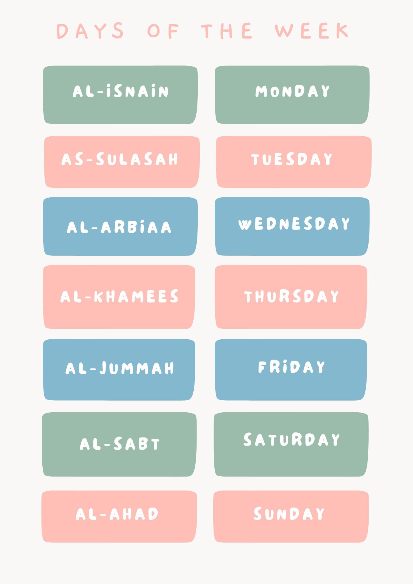Arabic Days of the Week Arabic Preschool Nursery - Etsy