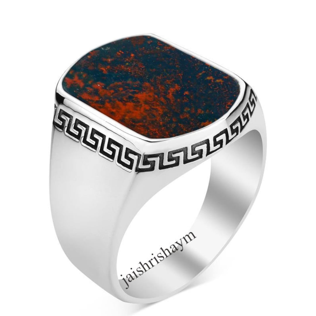 Red Bloodstone Gemstone Ring for Mens Solid 925 Sterling Silver Vintage ...