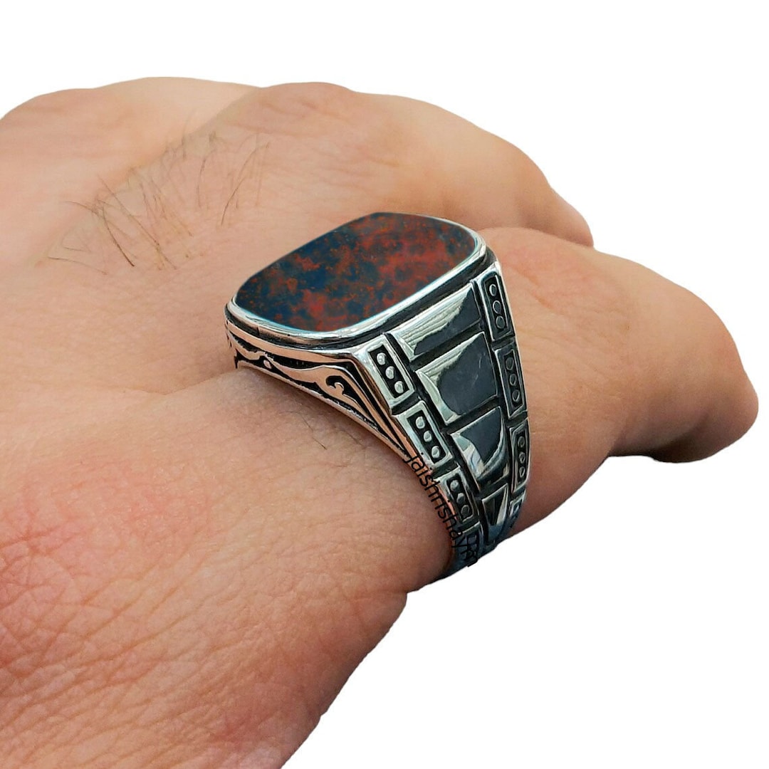 Bloodstone Signet Mens Ring Sterling Silver Ring Mens Gemstone Ring ...