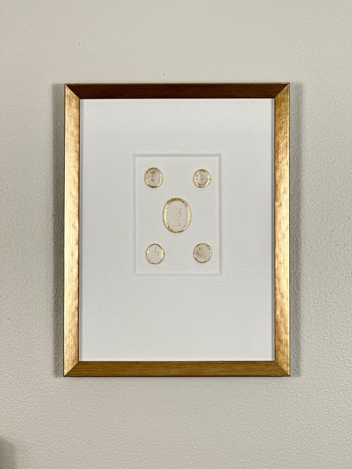 Gold Hand Leafed Intaglio Wall Art on White Linen Mat and 13 X 17 Black ...