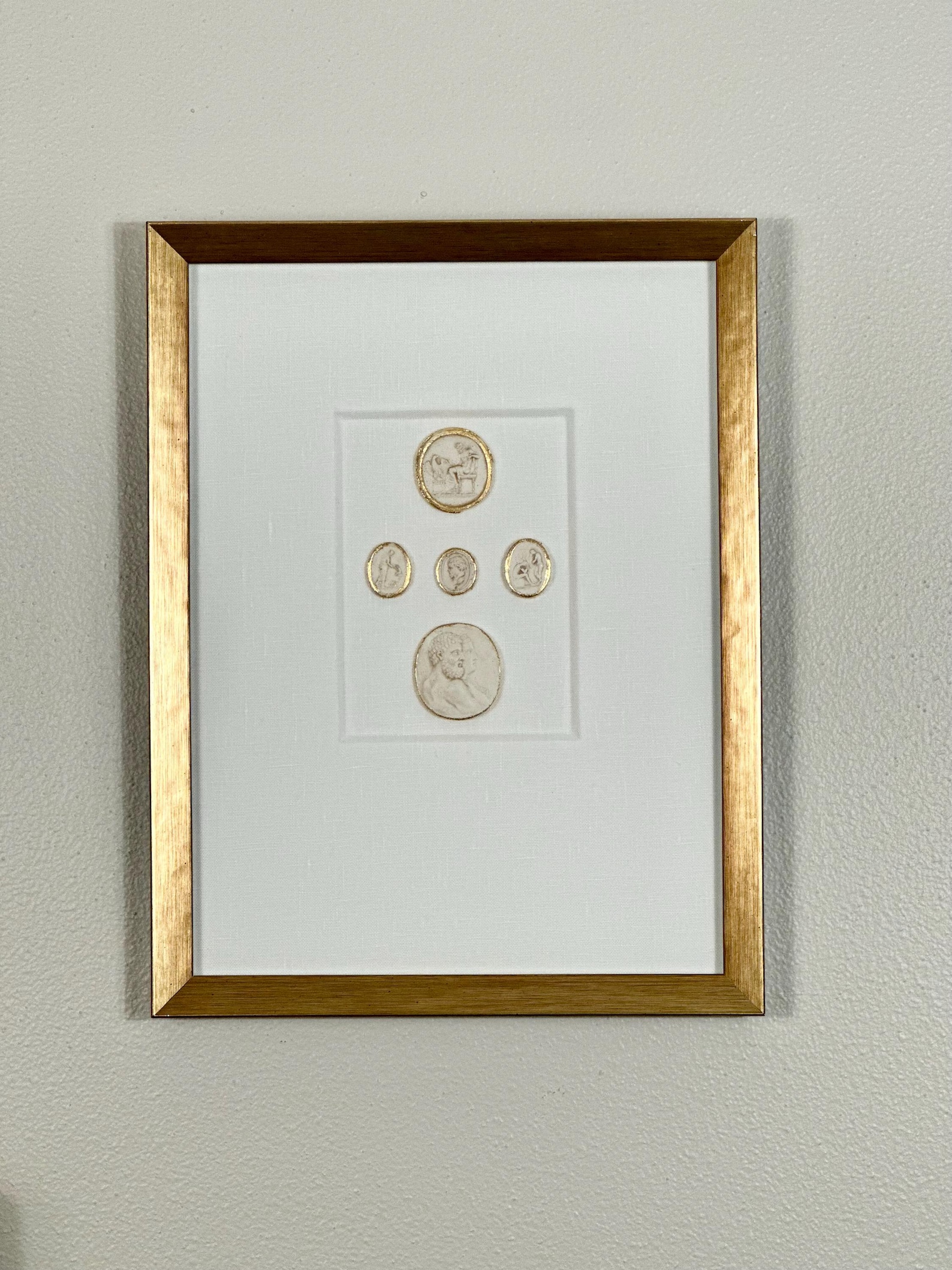 Gold Hand Leafed Intaglio Wall Art on White Linen Mat and 13 X 17 Black ...