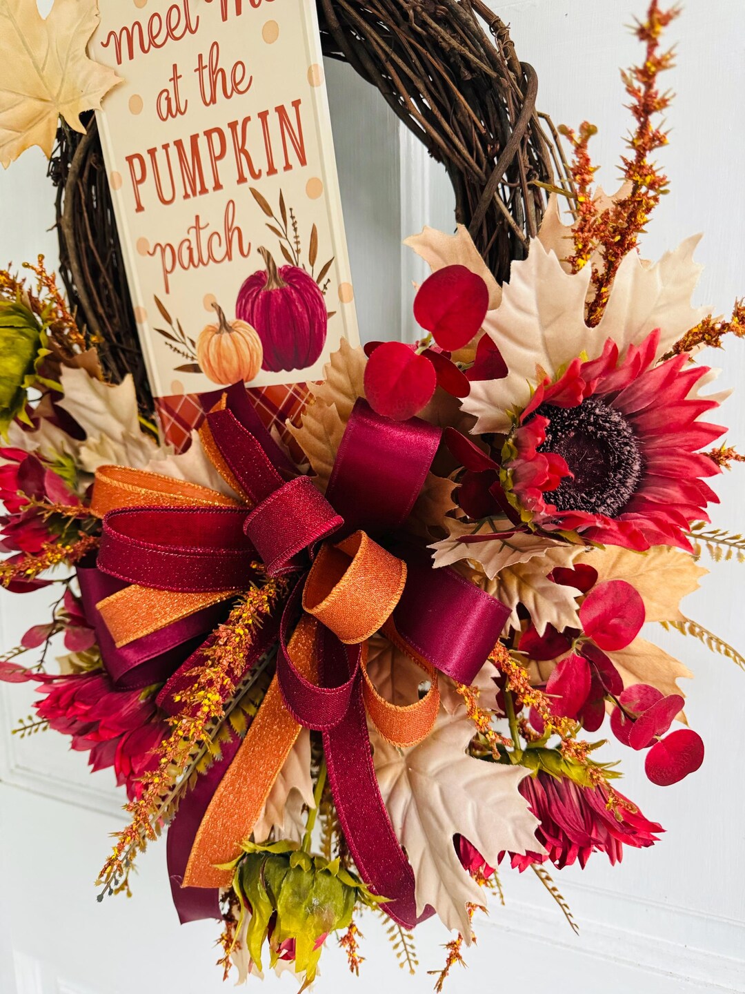 Fall Grapevine Wreath, Sunflower and Pumpkin Autumn Wreath, Pumpkin ...