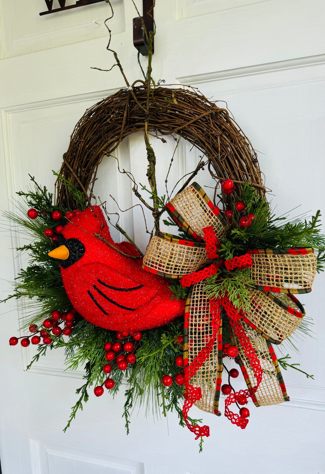 Winter Cardinal Wreath, Cardinal Front Door Decor, Winter Red Bird Door ...