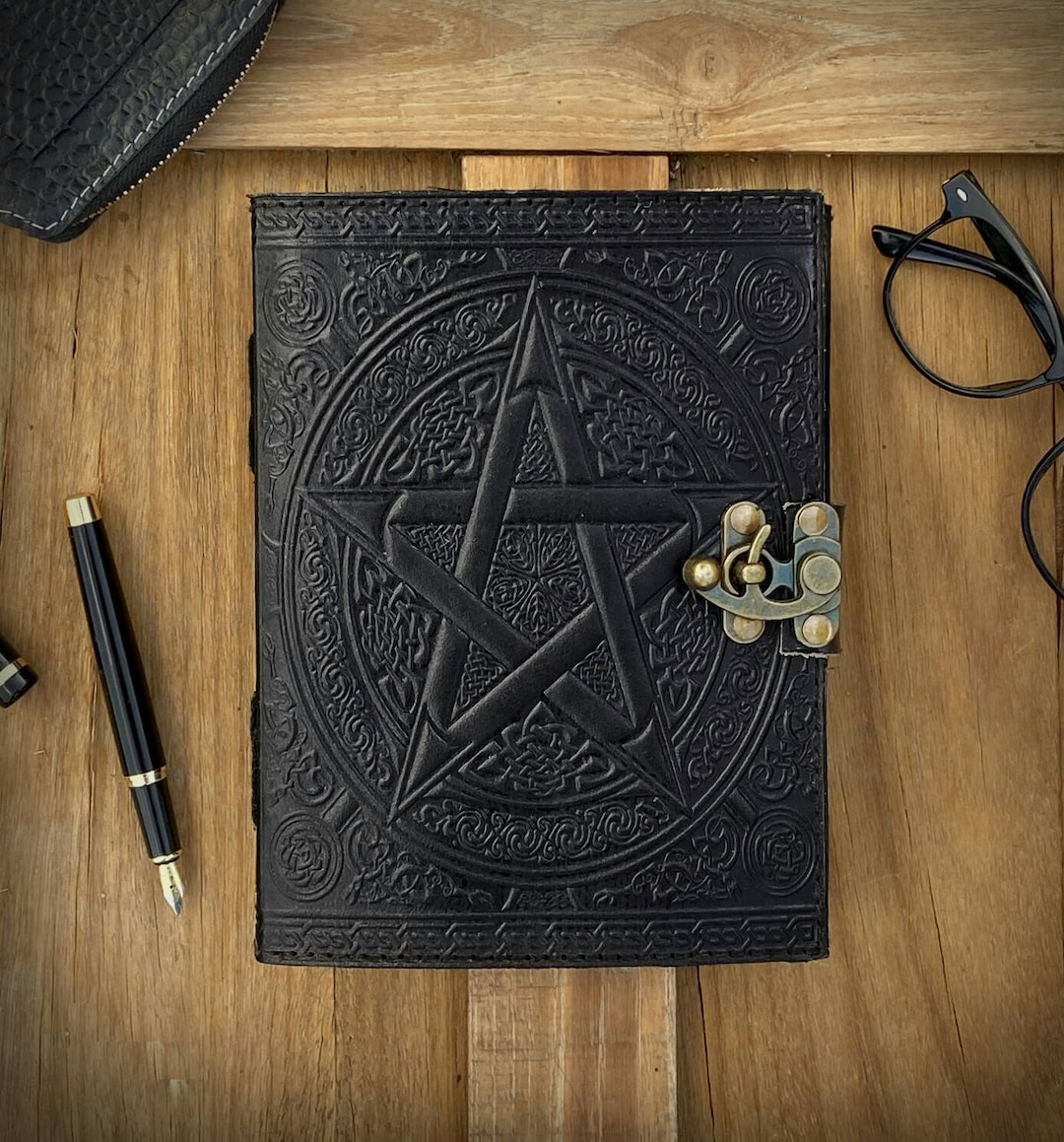 Handmade Wicca Leather Journal, Black Pentagram Embossed Blank Spell ...