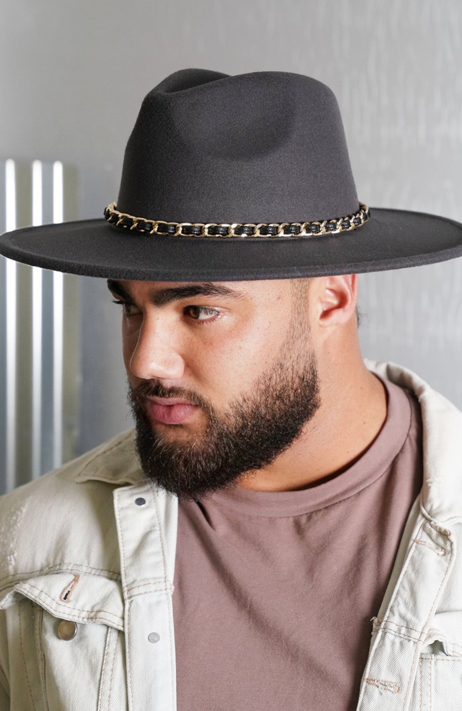 Black Wide Brim With Braided Gold Chain Detail - Etsy