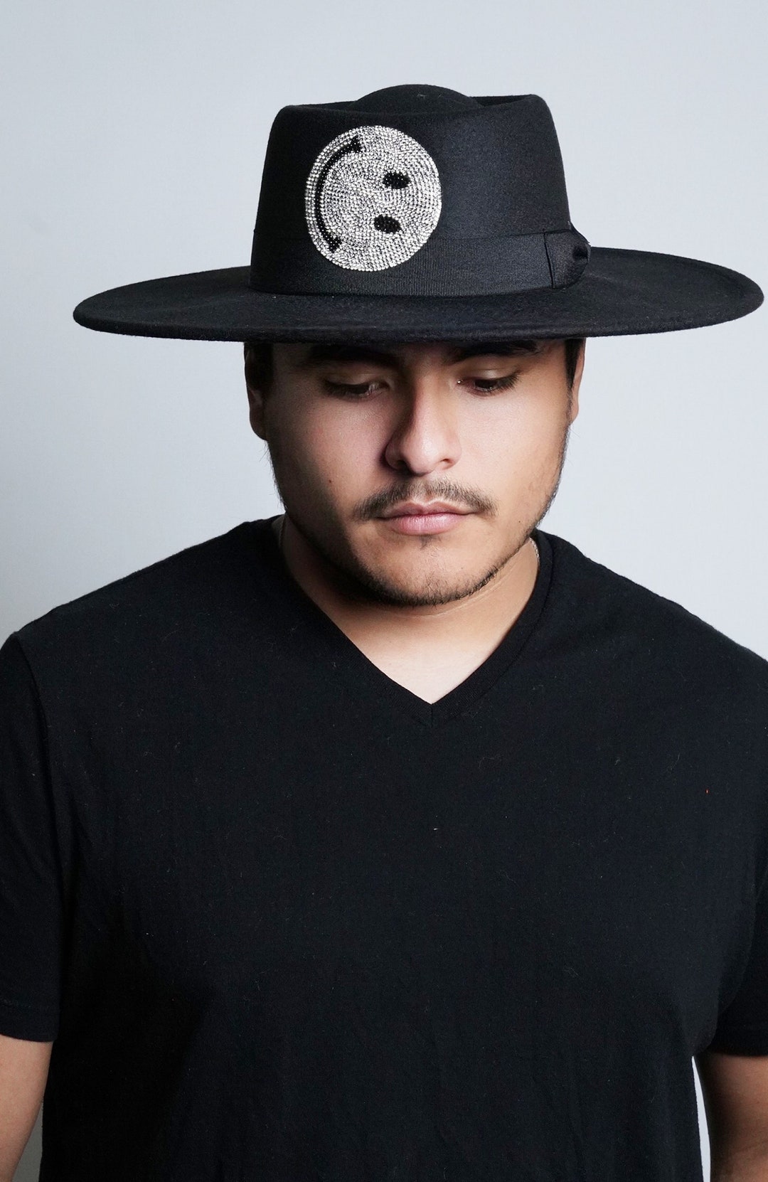 Iced Out Smiley Face Wide Brim Rancher Hat, Unisex Vintage Fedora Hat ...