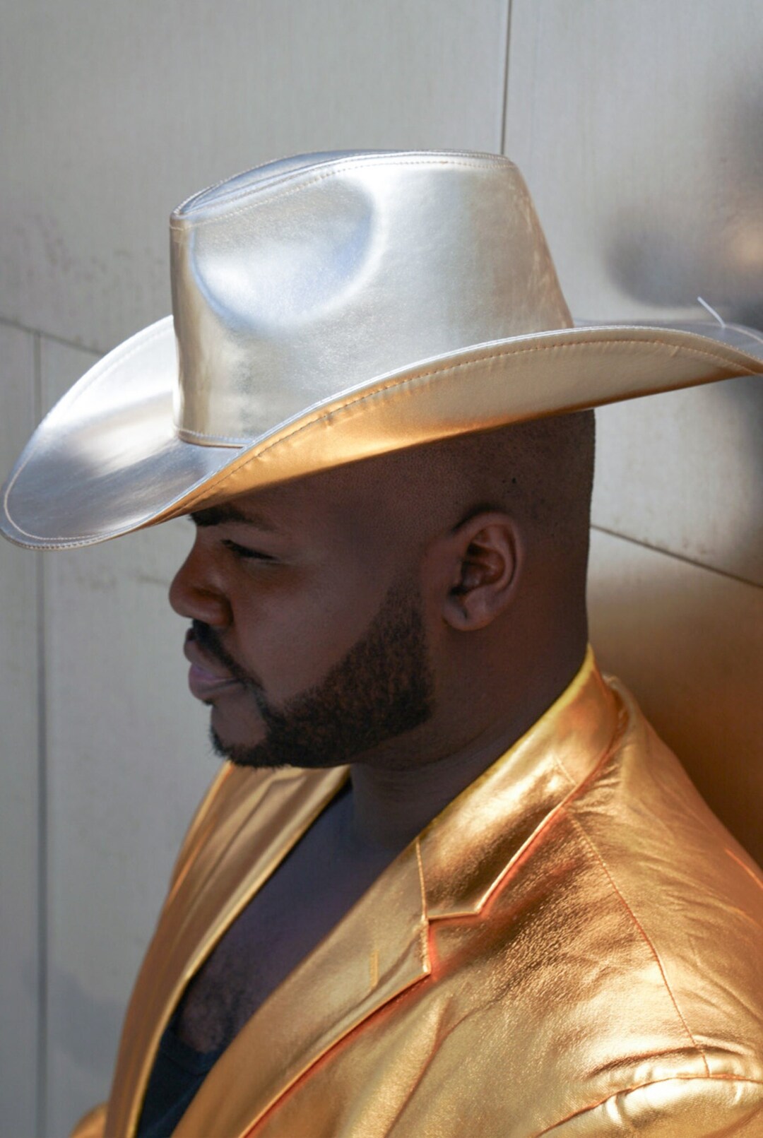Metallic Gold Wide Brim Cowboy Hat, Wide Brim Hat, Fedora Hat, Flat ...