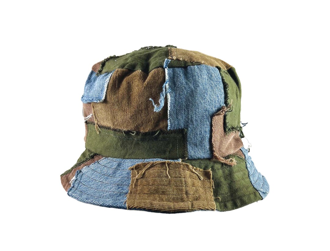 Patched Bucket Hat Green/brown/tan/lightdenim - Etsy