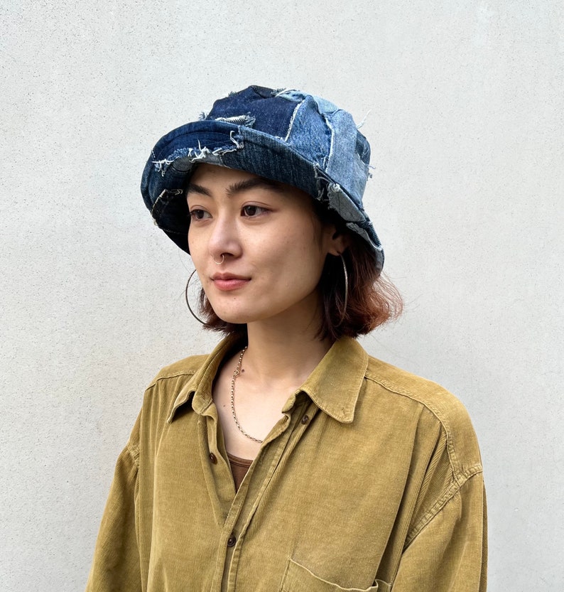 Patchwork Denim Big Bucket Hat Blue - Etsy