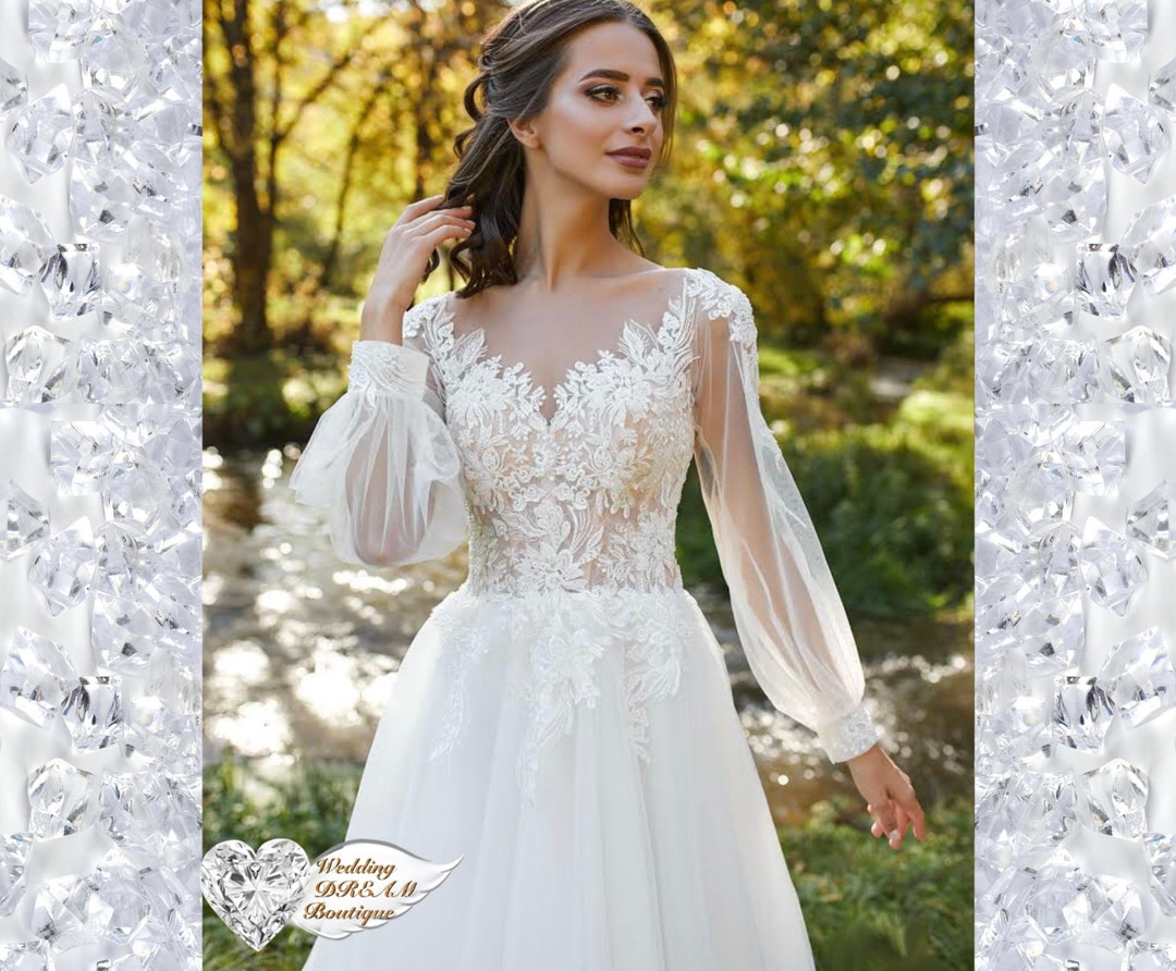 Ling Sleeves Boho Lace Tulle Wedding Dress Lace Bridal Gown - Etsy