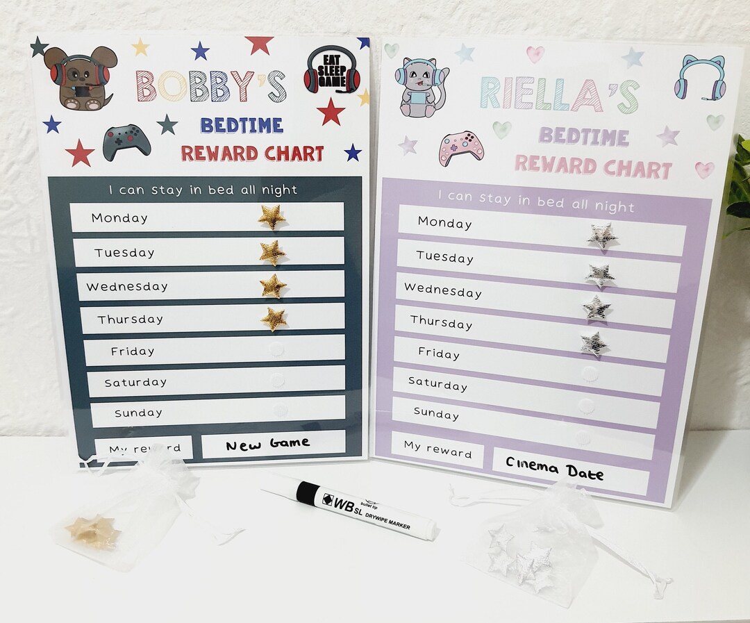 Personalised Re-usable Reward Chart With Velcro Stars, Wipeable Pen for ...