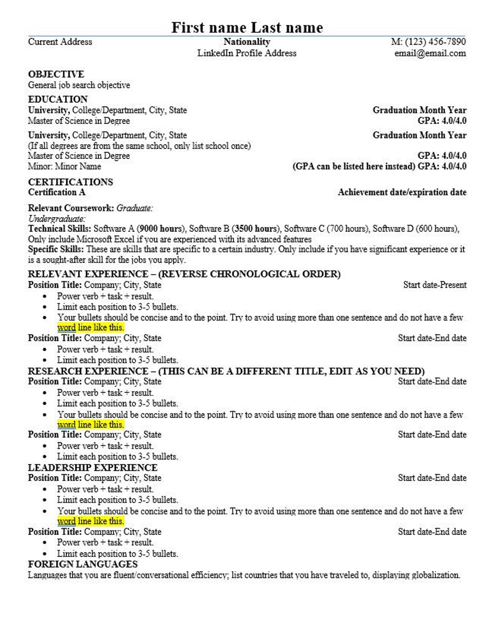 Résumé Template for Undergrads and Graduate Degrees - PDF - Etsy