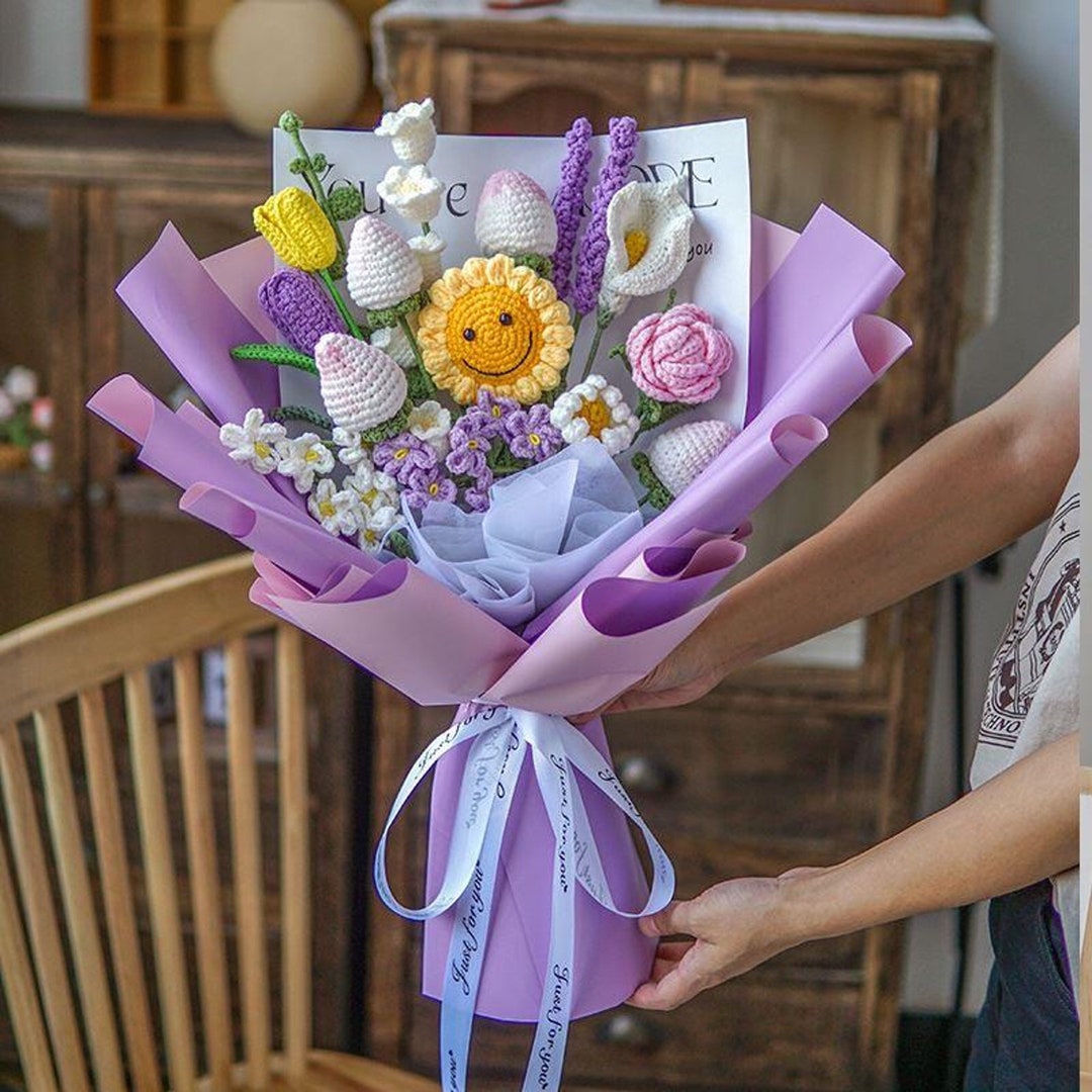 Purple Crochet Smiling Face Sunflower, Knitted Flowers, Handmade Flower ...
