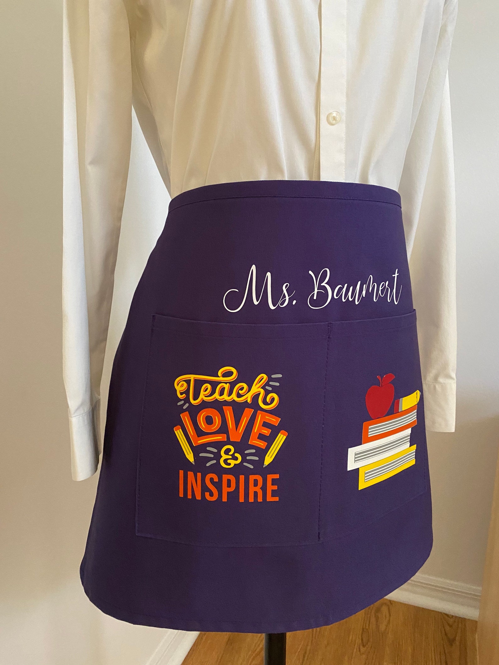 Teacher Waist Apron with Pockets Teach Love Inspire | Etsy
