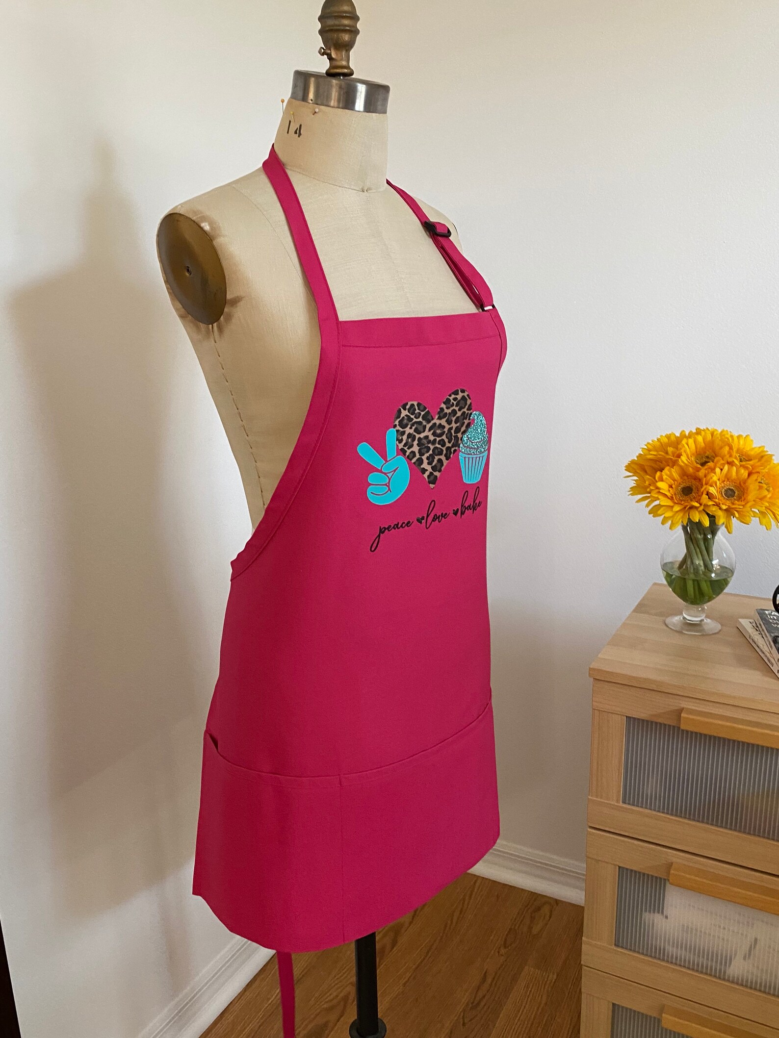 Peace Love Bake Women Apron Hot Pink Baking Apron Birthday Gift Holiday ...