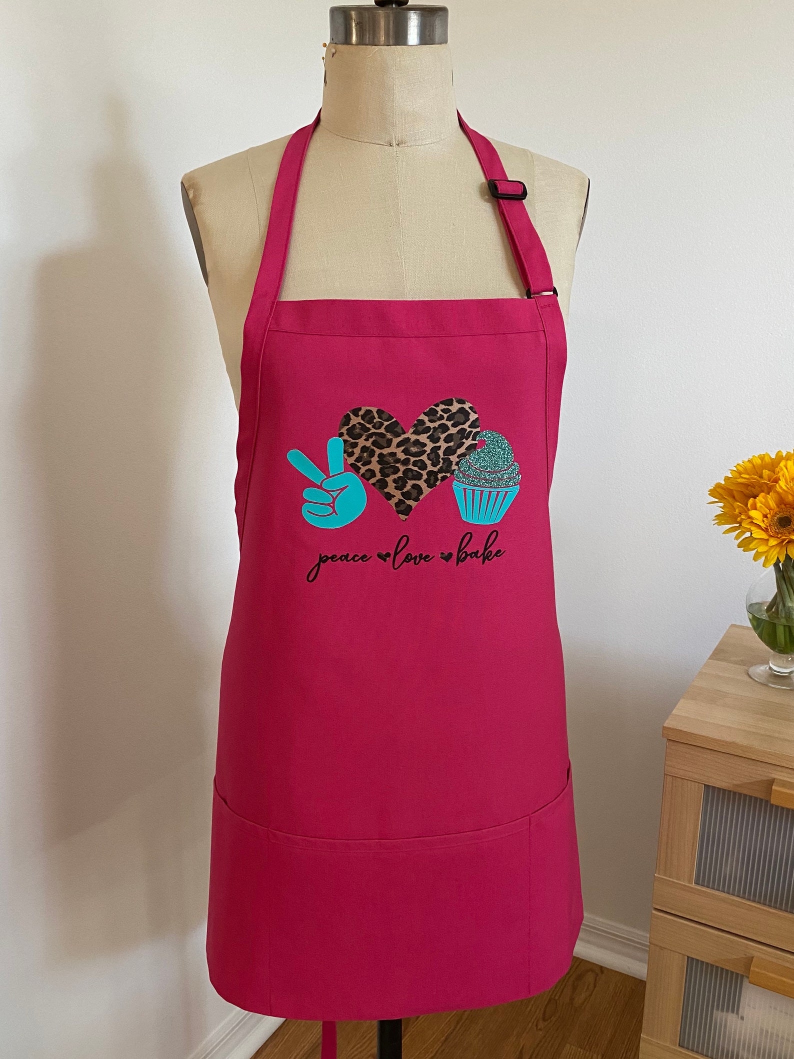 Peace Love Bake Women Apron Hot Pink Baking Apron Birthday Gift Holiday ...