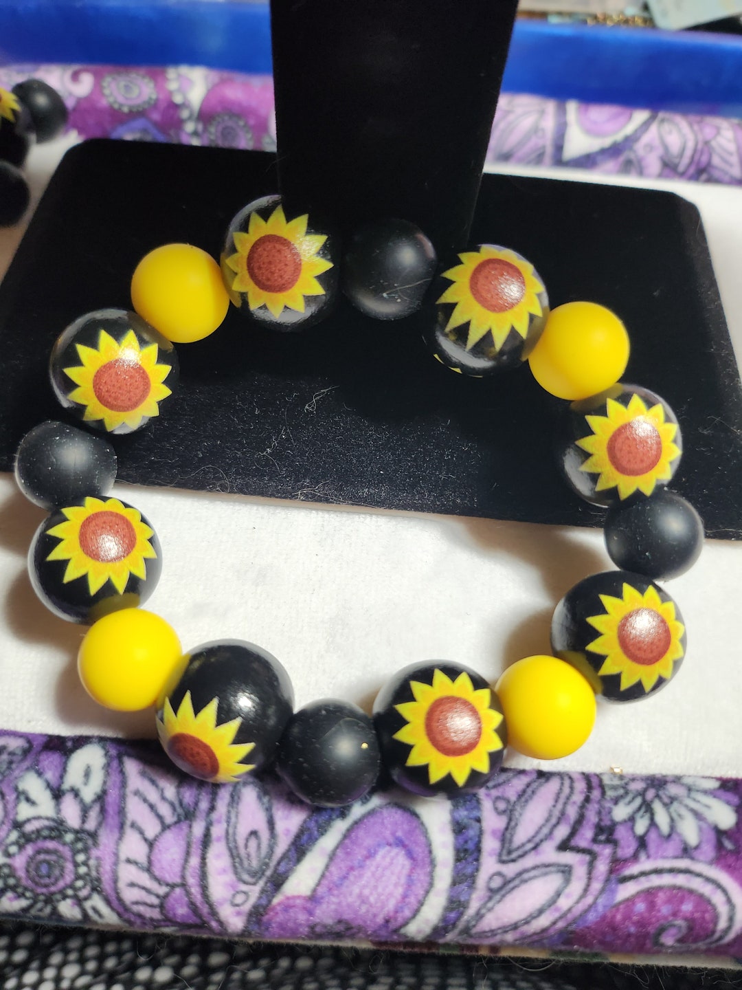 Wood and Silicone Sunflower Beads Stretchy Bracelet - Etsy