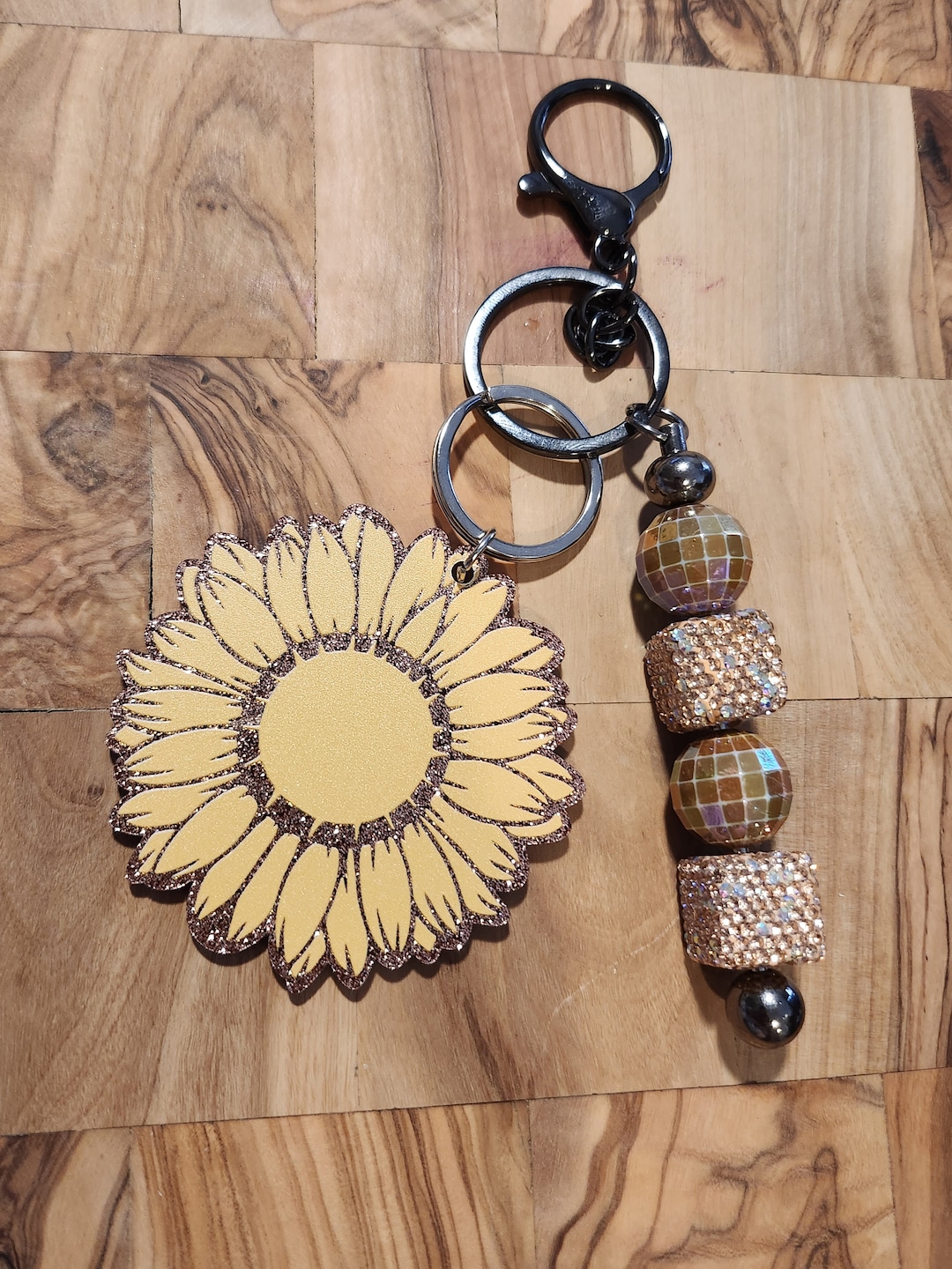 Beaded Fidget Spinner Keychain With Bling Beads and Sunflower - Etsy
