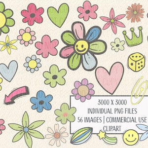 Flowers Clipart Groovy Boho Clipart Individual PNG Pastel Flowers Retro ...