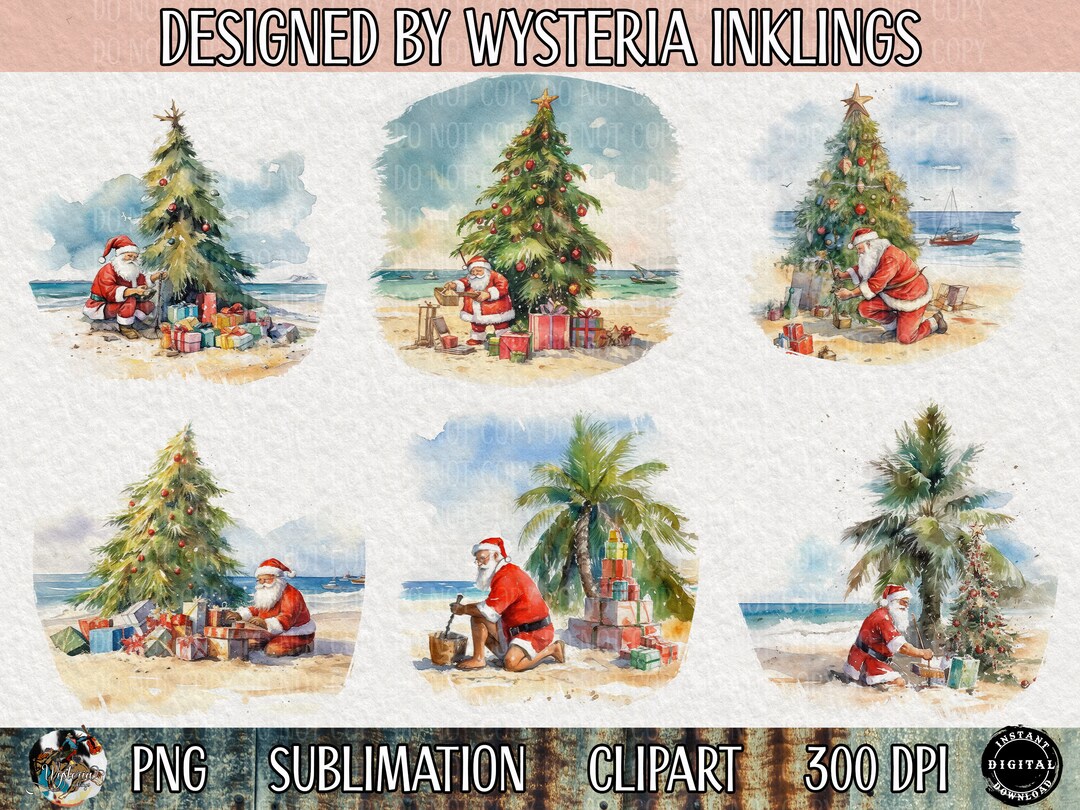 Watercolor Tropical Santa Clipart, Christmas Clip Art, PNG, Digital ...