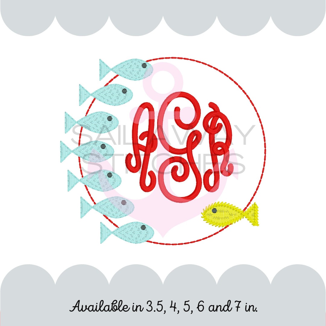 School of Funny Fish Monogram Frame Embroidery Sketch Stitch - Etsy