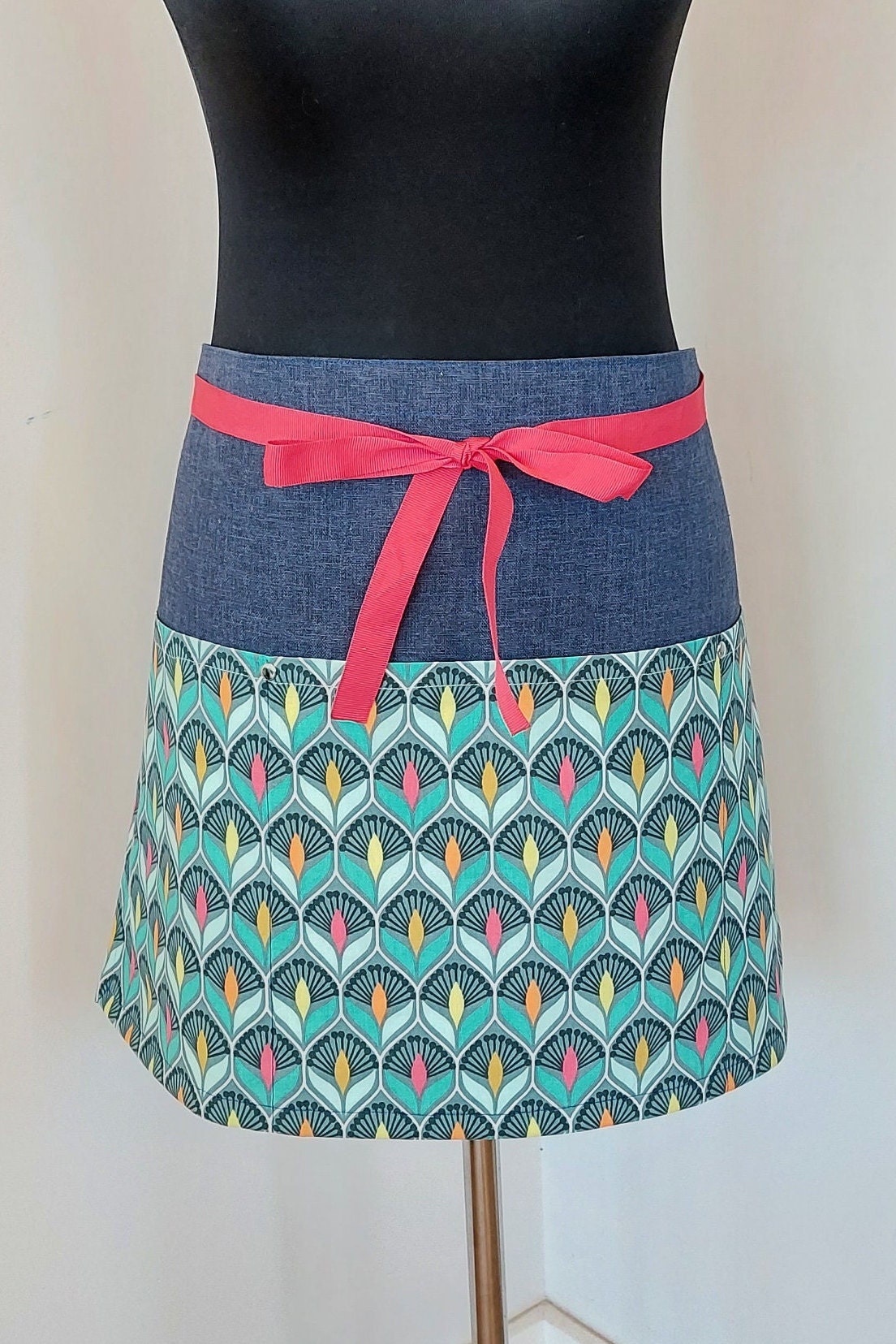 Navy Pink Linen Half Waitress Apron With 3 Pockets Kitchen | Etsy