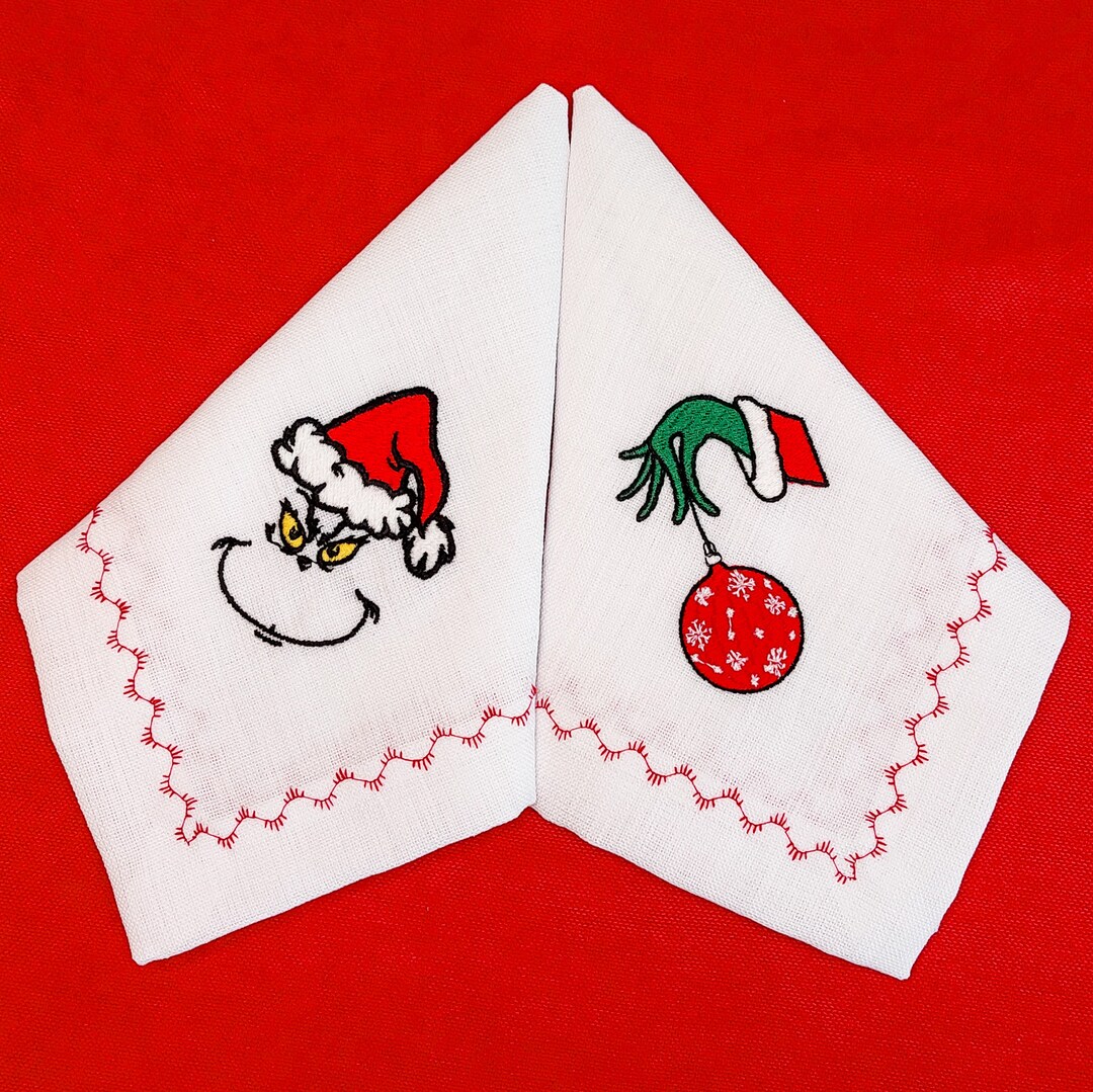 Grinch Embroidered Napkin Set, White Gardenia Fabric Christmas Dinner ...