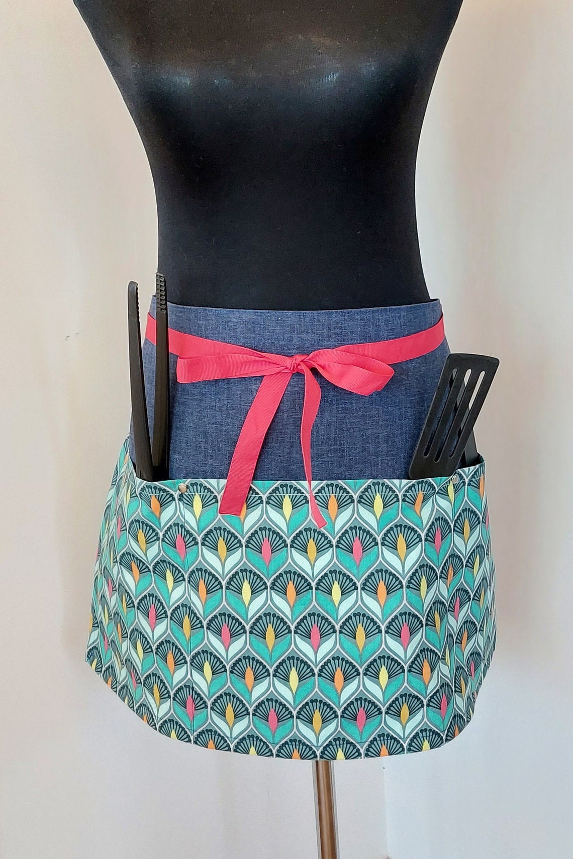 Navy Pink Linen Half Waitress Apron With 3 Pockets Kitchen - Etsy