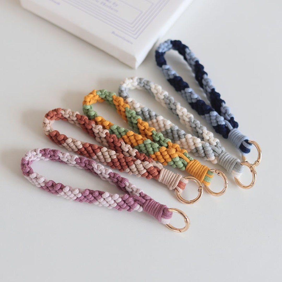 Braided Key Strap Splicing Color Macrame Wristlet Soft Woven Keychain ...
